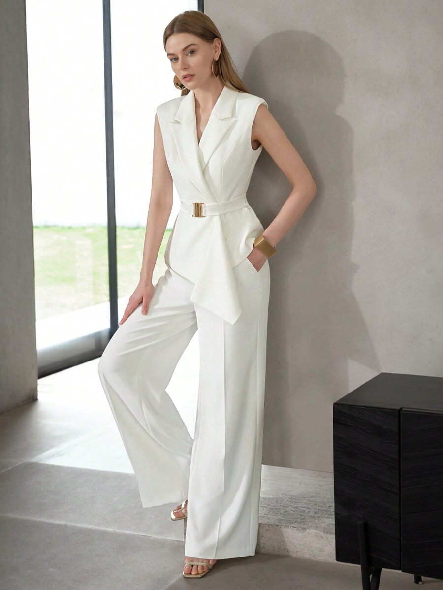 MOTF PREMIUM SOLID PEAK COLLAR ASYMMETRICAL HEM BELTED BLAZER | SHEIN USA