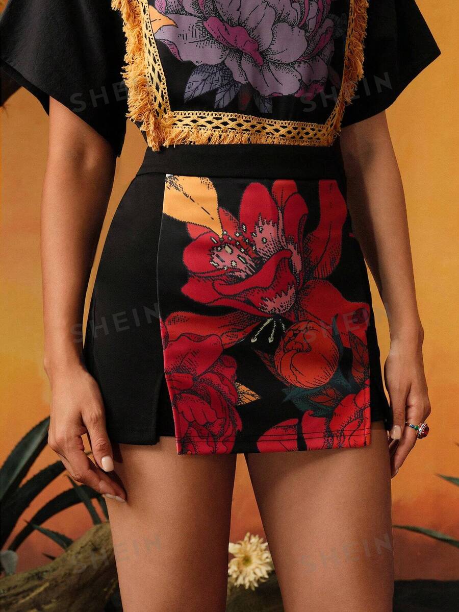 Frida Kahlo X SHEIN X Designer ISELACOS Floral Printed M-Slit Hem Skort ...