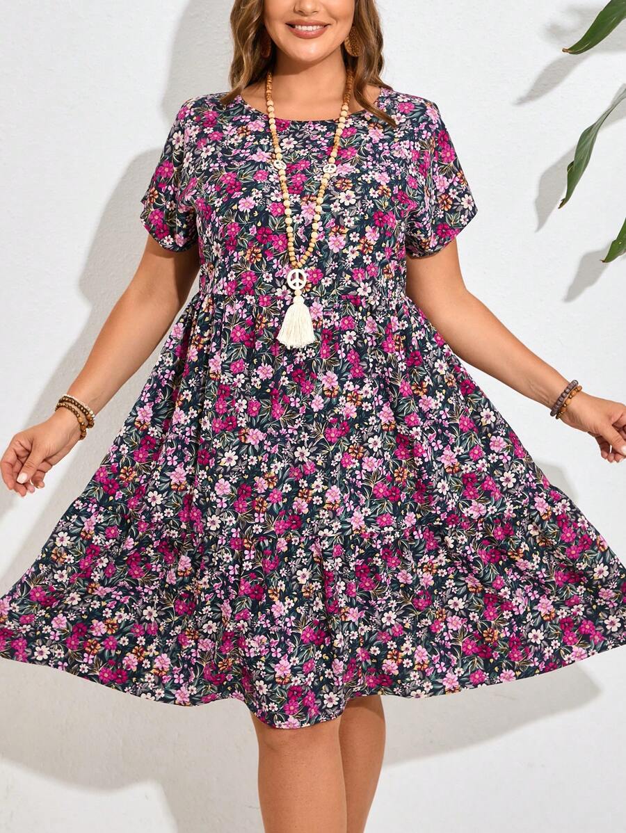 EMERY ROSE Plus Size Vacation Leisure Floral Print Swing Dress For Summer,Beach Dress Sundress ...