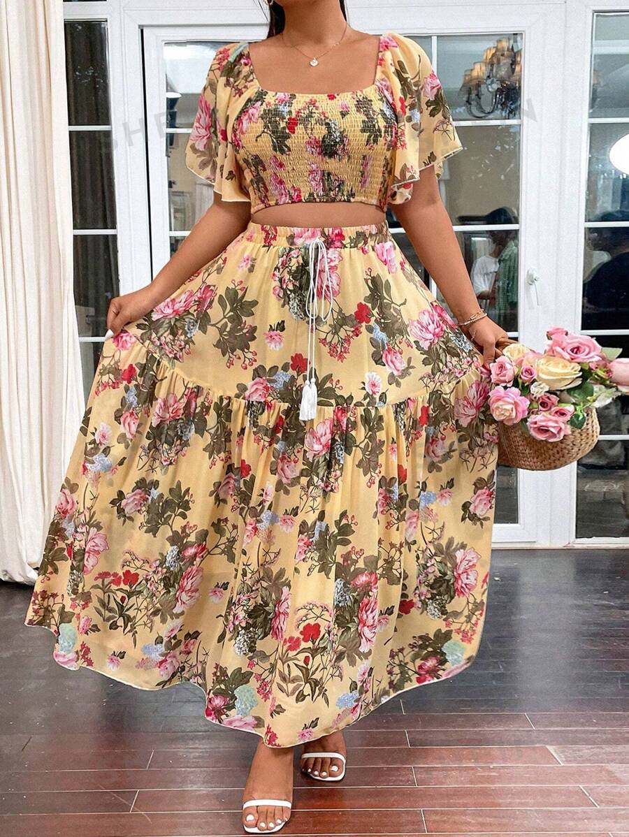 Shein Vcay Plus Size Summer Chiffon Floral Printed Top With Ruffled