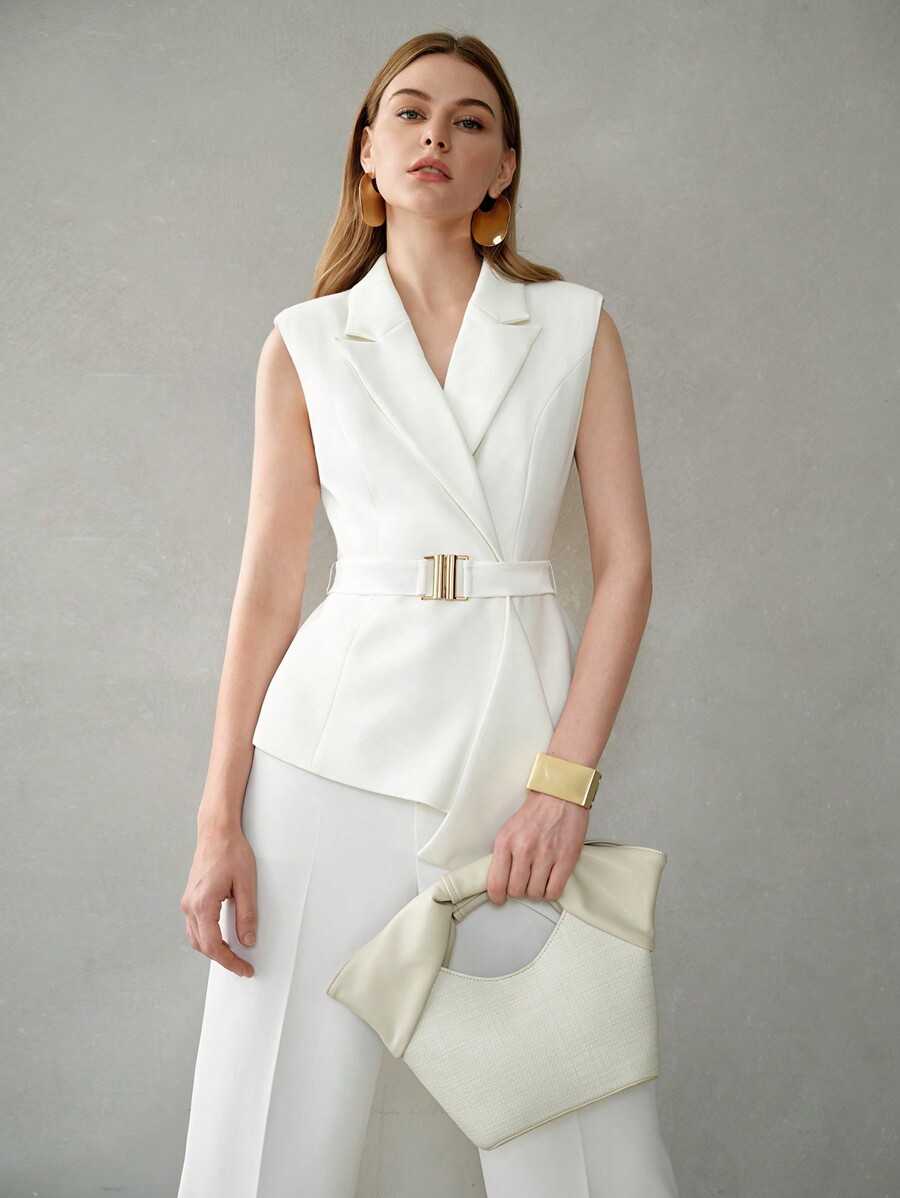 MOTF PREMIUM SOLID PEAK COLLAR ASYMMETRICAL HEM BELTED BLAZER | SHEIN USA