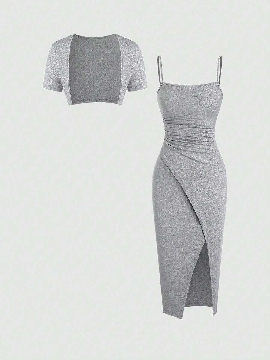 Sweetra Women Solid Color Ruched Wrap Hem Cami Dress And Open Front ...
