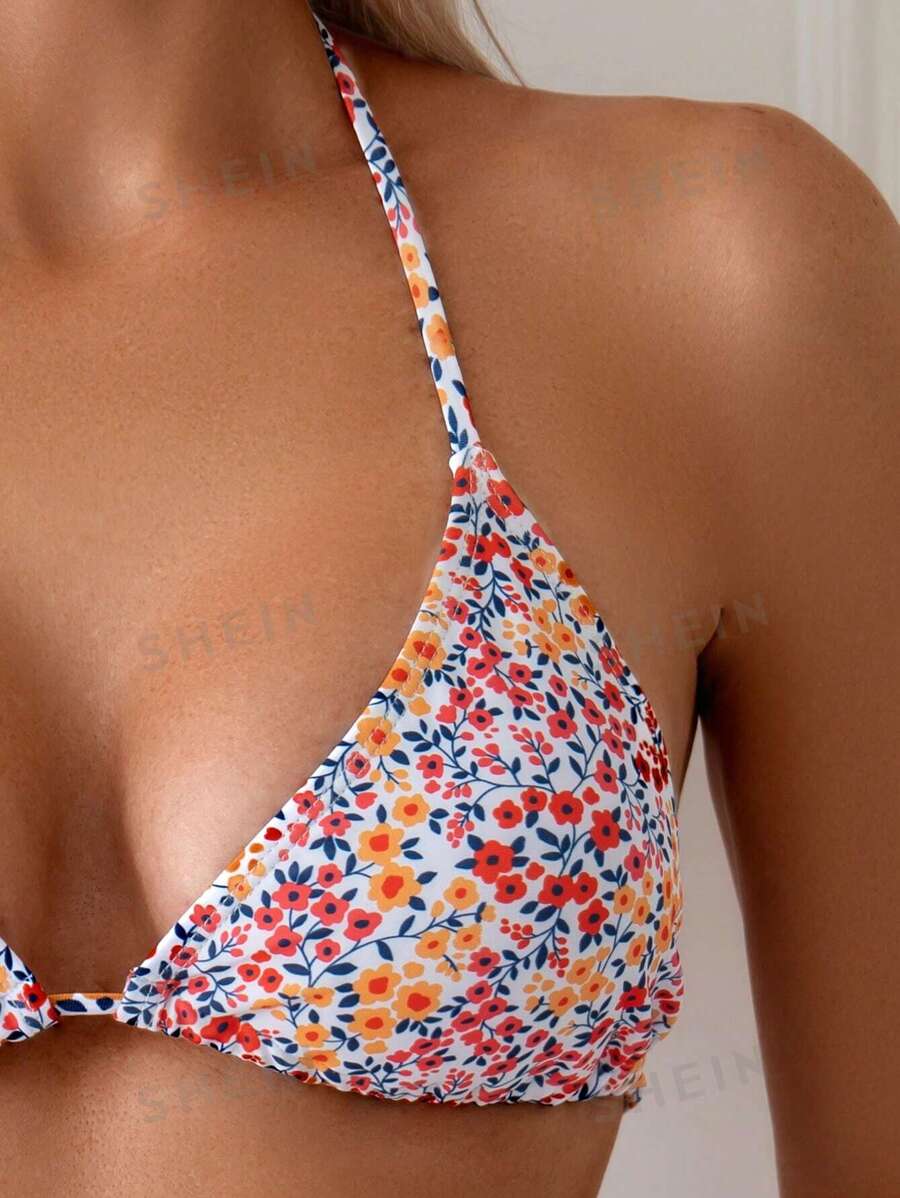 Shein Swim Women Summer Beach Ditsy Floral Printed Halter Neck Vacation