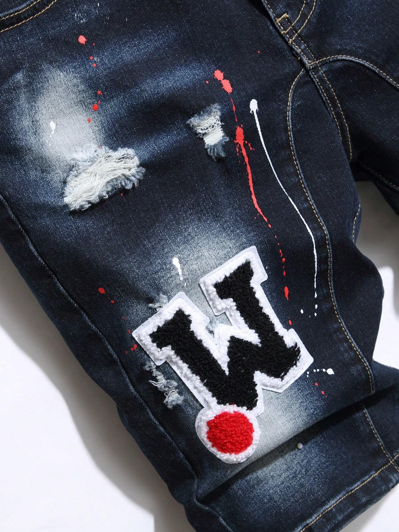 Manfinity EMRG Men's Letter Patch Denim Shorts Jorts Plain Dark Blue ...