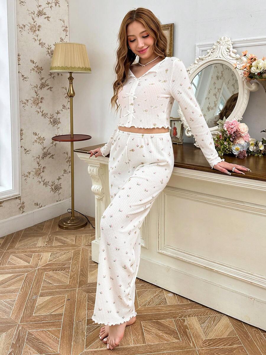 Shein CottageSlumber Ditsy Floral Print Lettuce Trim PJ Set / Pajama ...