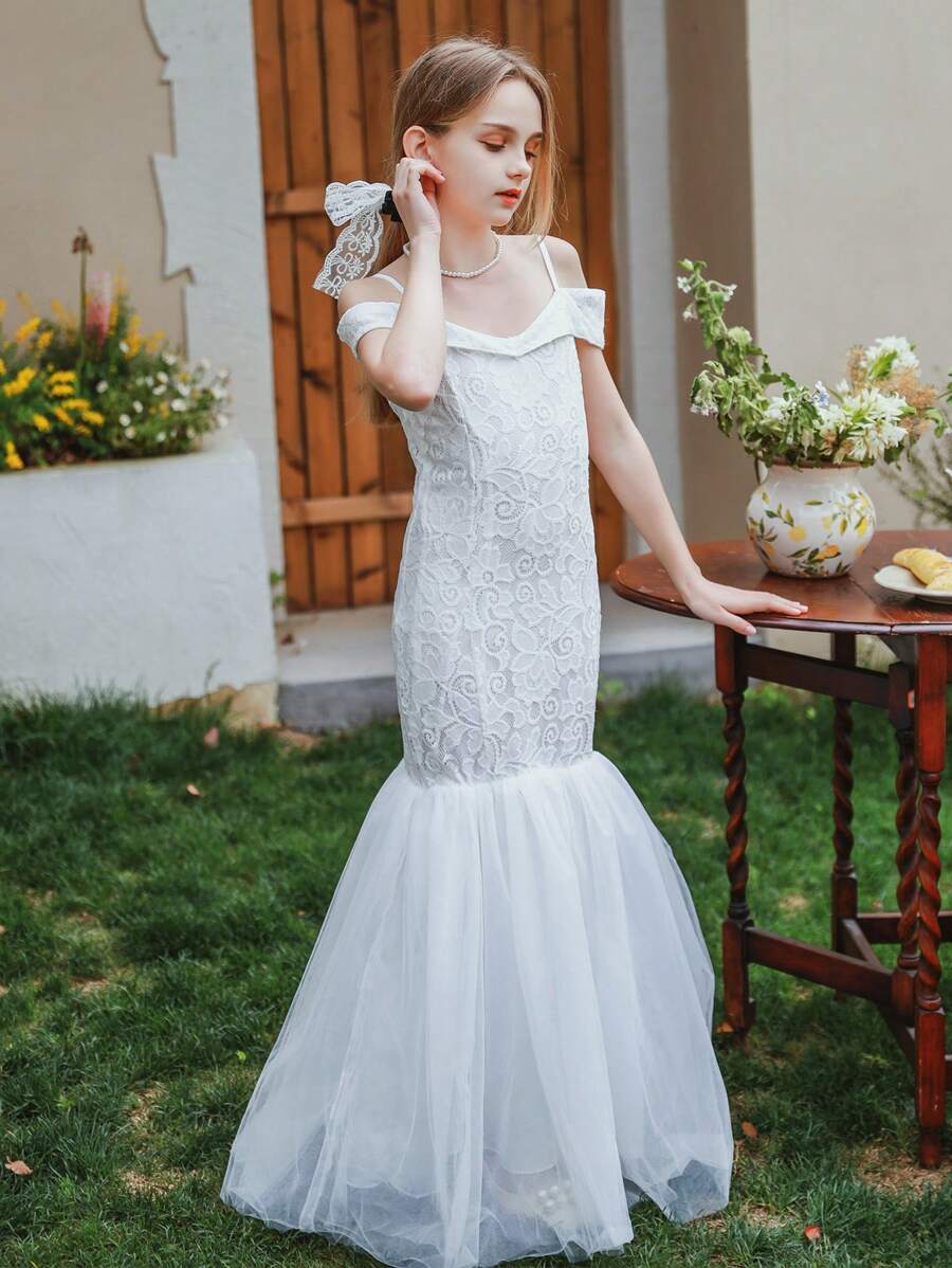 Tween Girl Elegant And Glamorous Long White Fish-Tail Formal Dress ...