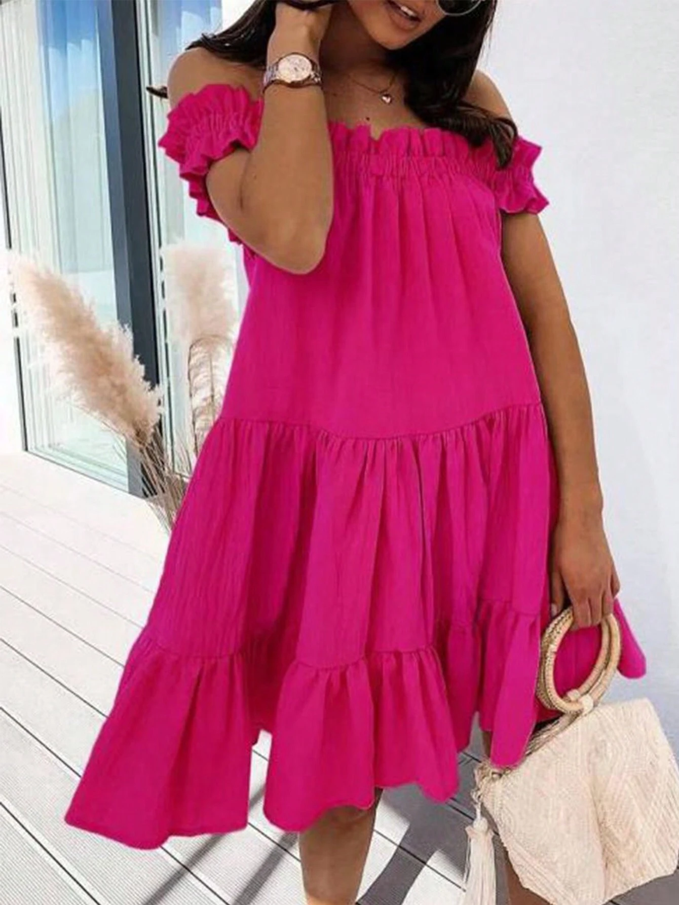 SHEIN Essnce Vestido de verano rosa sin hombros para mujer con ...
