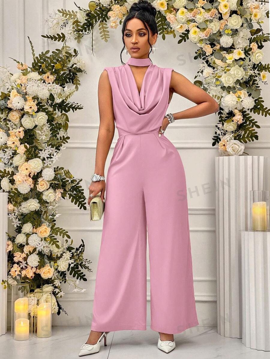 SHEIN Lady Women Summer Solid Color Wide Leg Elegant Jumpsuit With Keyhole Neckline & Loose Fit ...