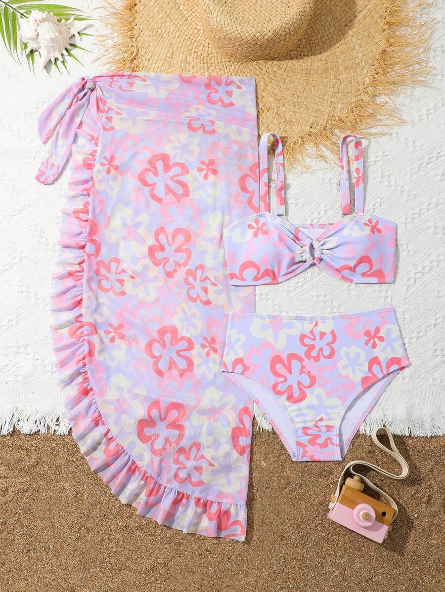 Tween Girl Bikini Swimsuit Set With Random Print And Ruffle Hem Design ...