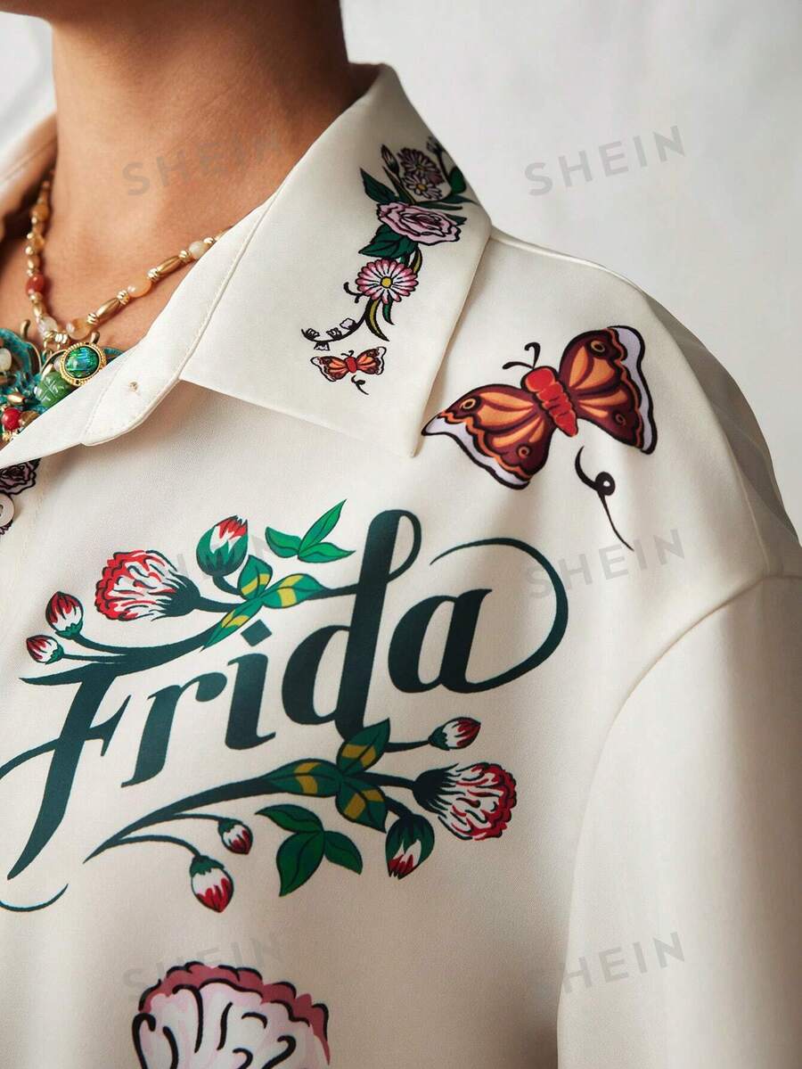Frida Kahlo X SHEIN Summer Floral & Portrait Printed Drop Shoulder ...