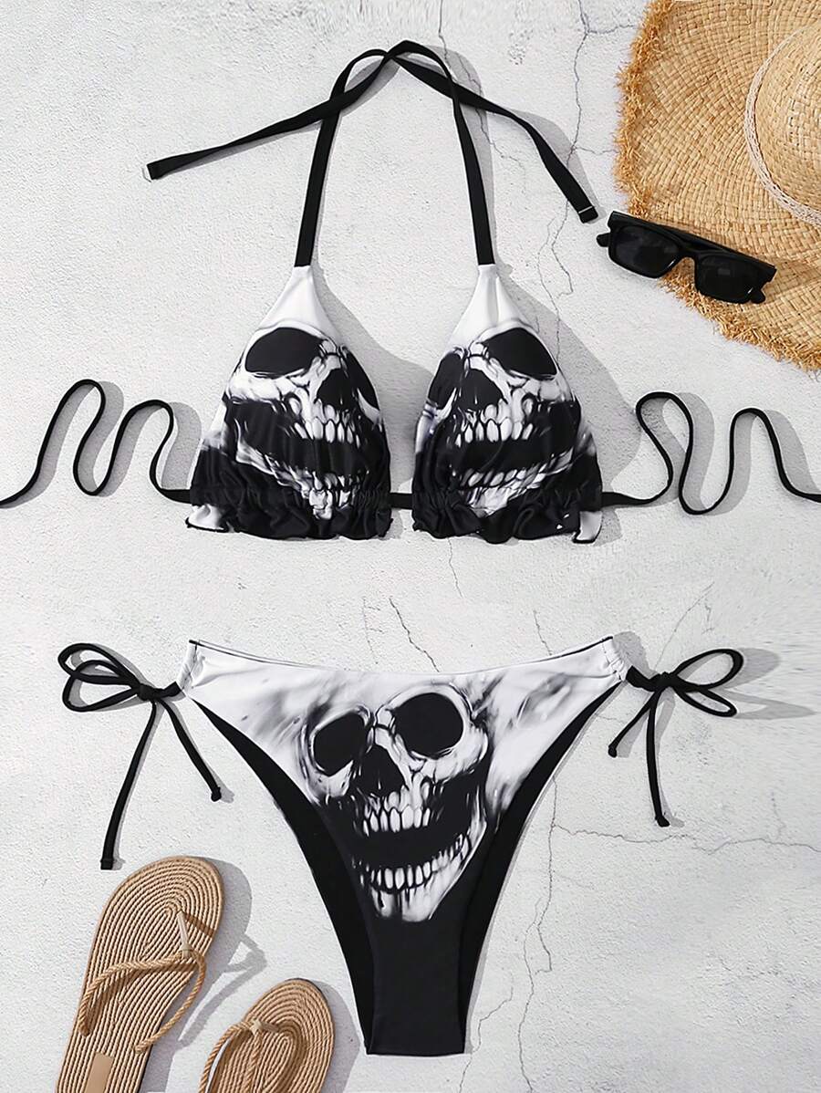 Slaydiva Summer Beach Plus Size Skull Pattern Halter Bra & Bikini ...