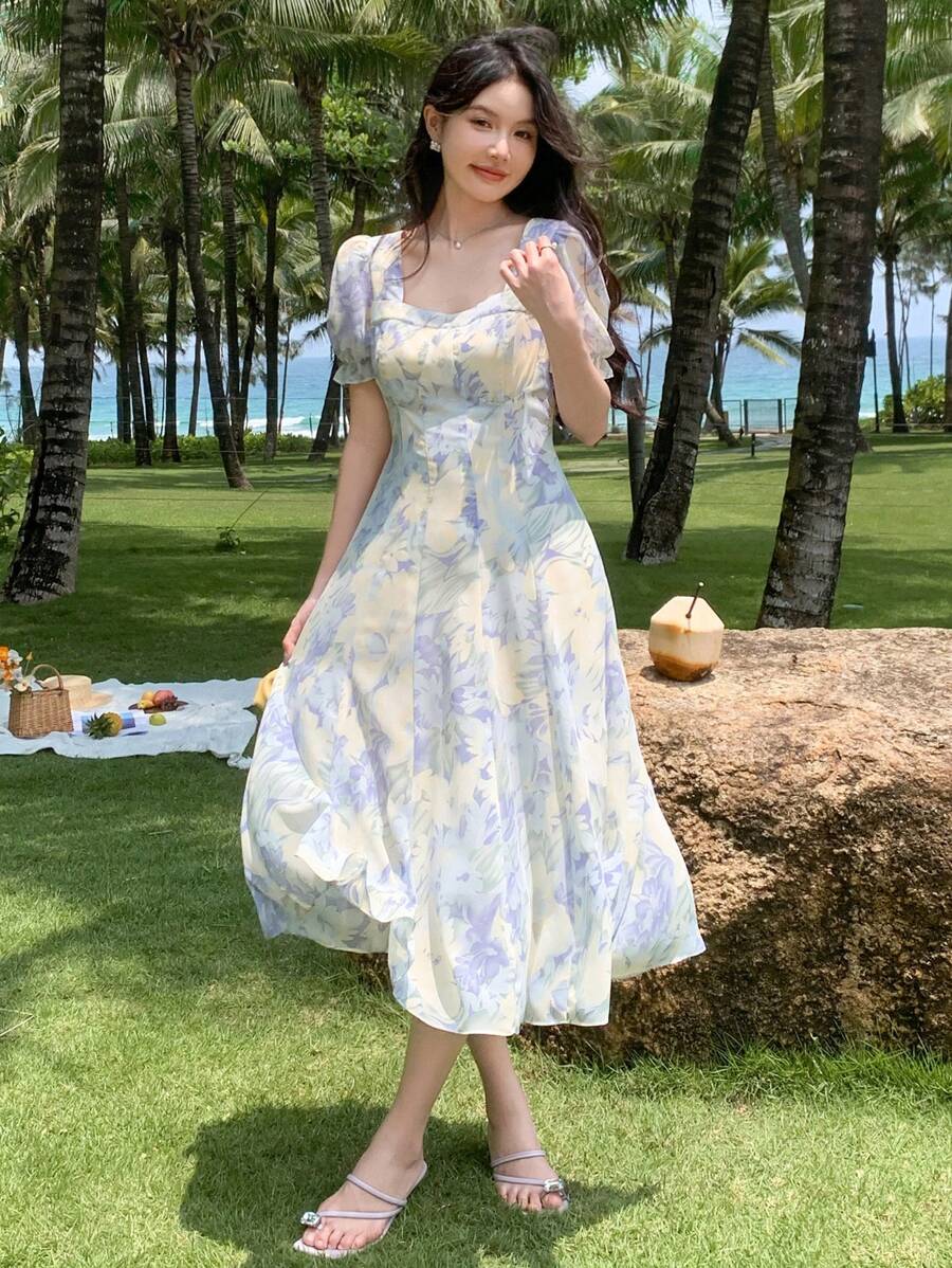 DAZY Women Chiffon Printed A-Line Sweet Romantic Elegant Summer Dress ...