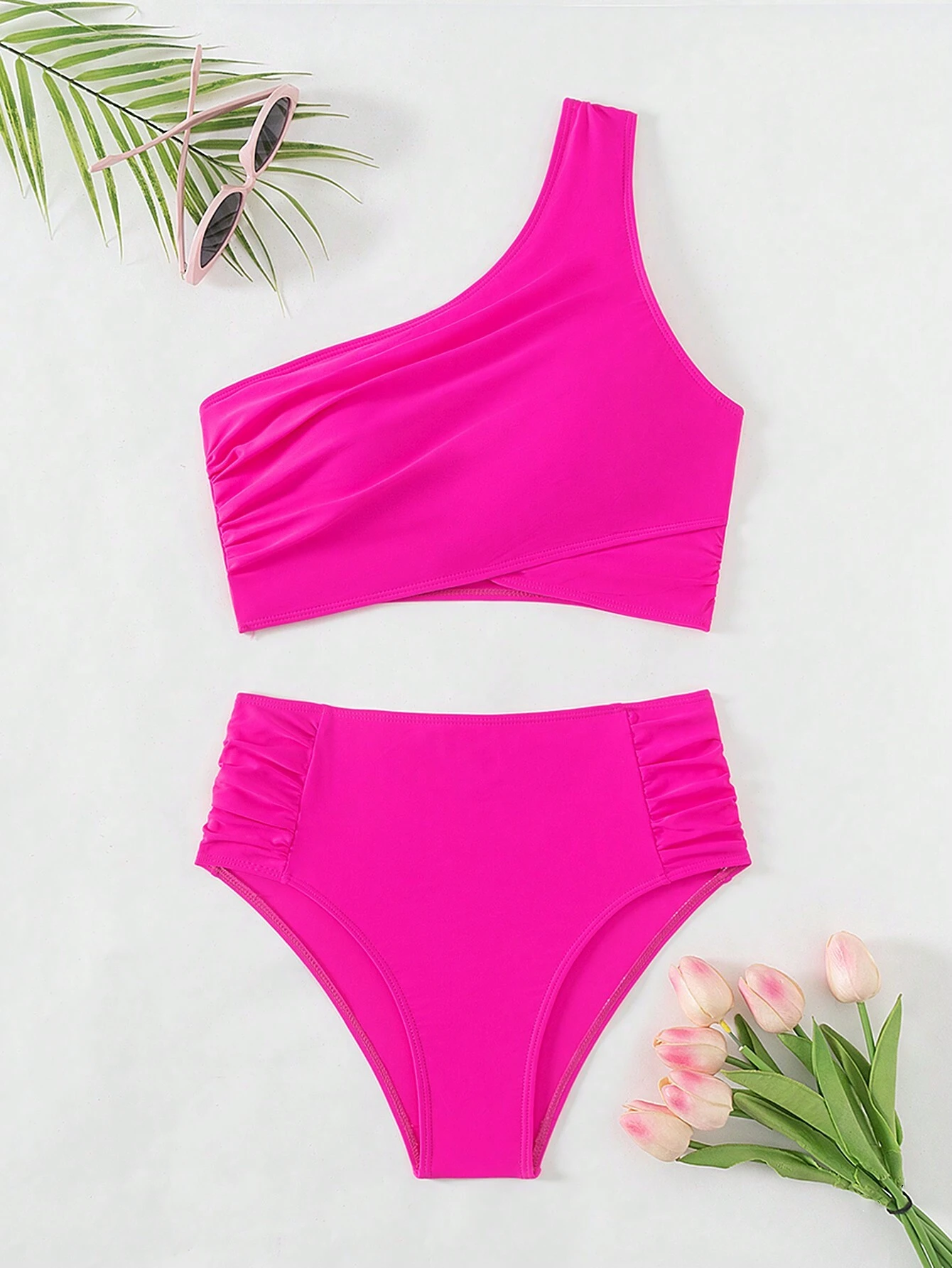 Shein Swim Women Summer Beach Solid One Shoulder Bikini Set For