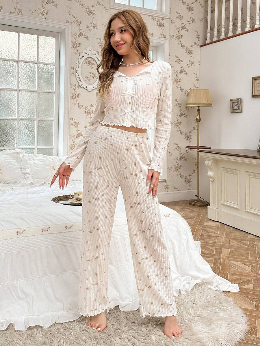 Shein CottageSlumber Ditsy Floral Print Lettuce Trim PJ Set / Pajama ...