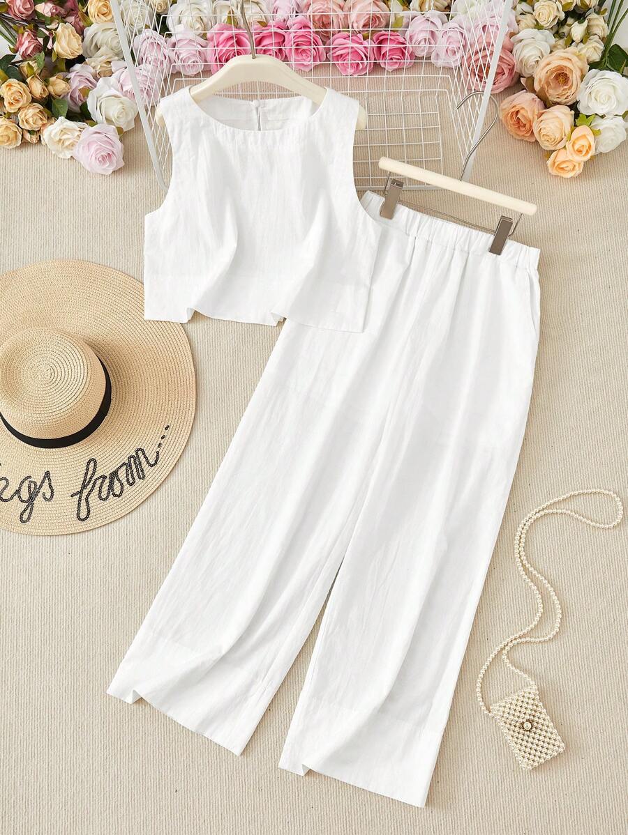 SHEIN LUNE Comfortable Cotton Linen White Sleeveless Top And Cropped ...