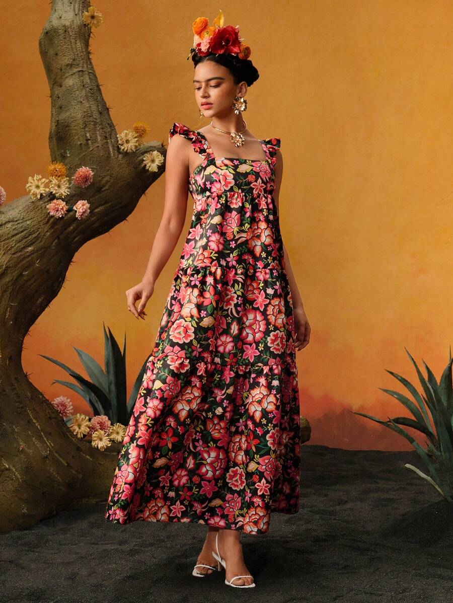 Frida Kahlo X Shein X Designer Raul Orozco Floral Printed Dress With