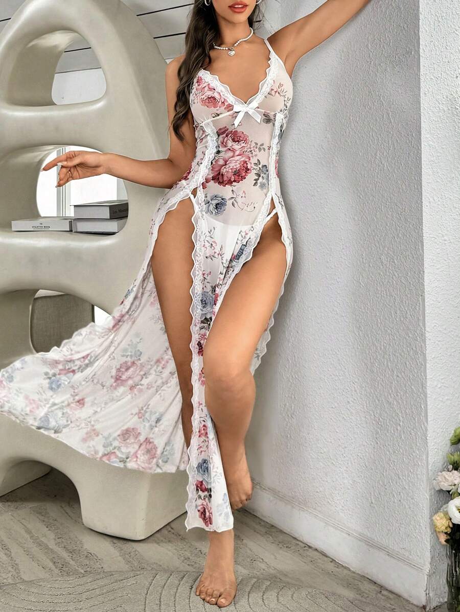 Floral Mesh See-Through High Slit Sexy Women Cami Pajama Long Dress For Sleeping PerfectSummer ...