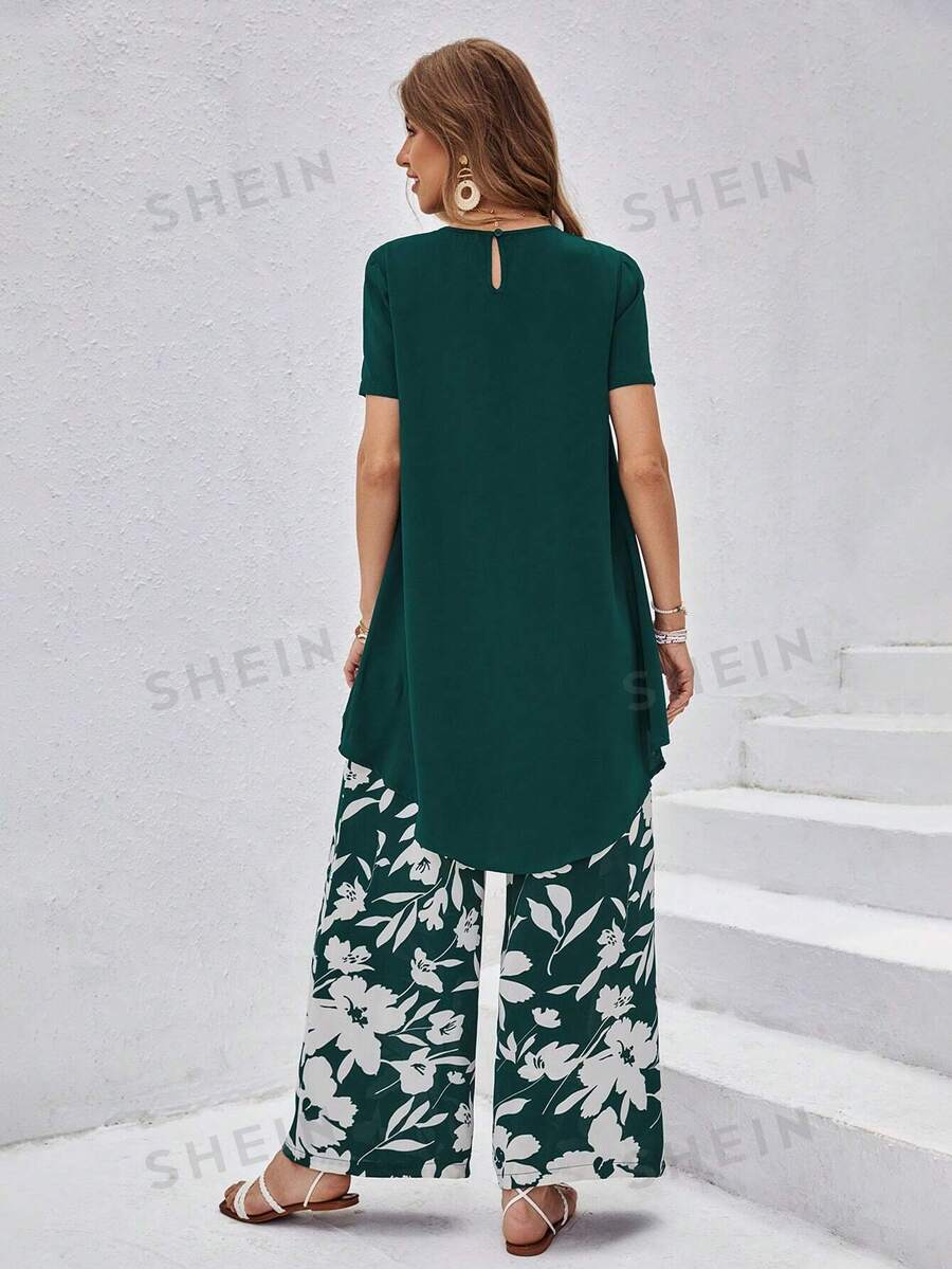 SHEIN VCAY Conjunto de duas peças com camisa de manga curta assimétrica ...