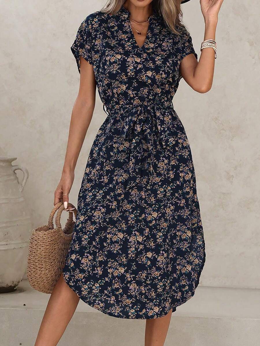 SHEIN LUNE Summer Floral Print V-Neck Batwing Sleeve Dress With Split ...