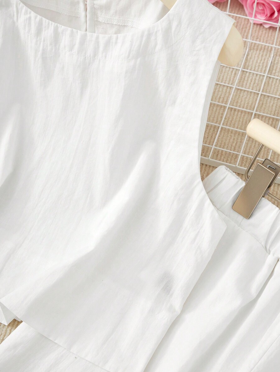 SHEIN LUNE Comfortable Cotton Linen White Sleeveless Top And Cropped ...