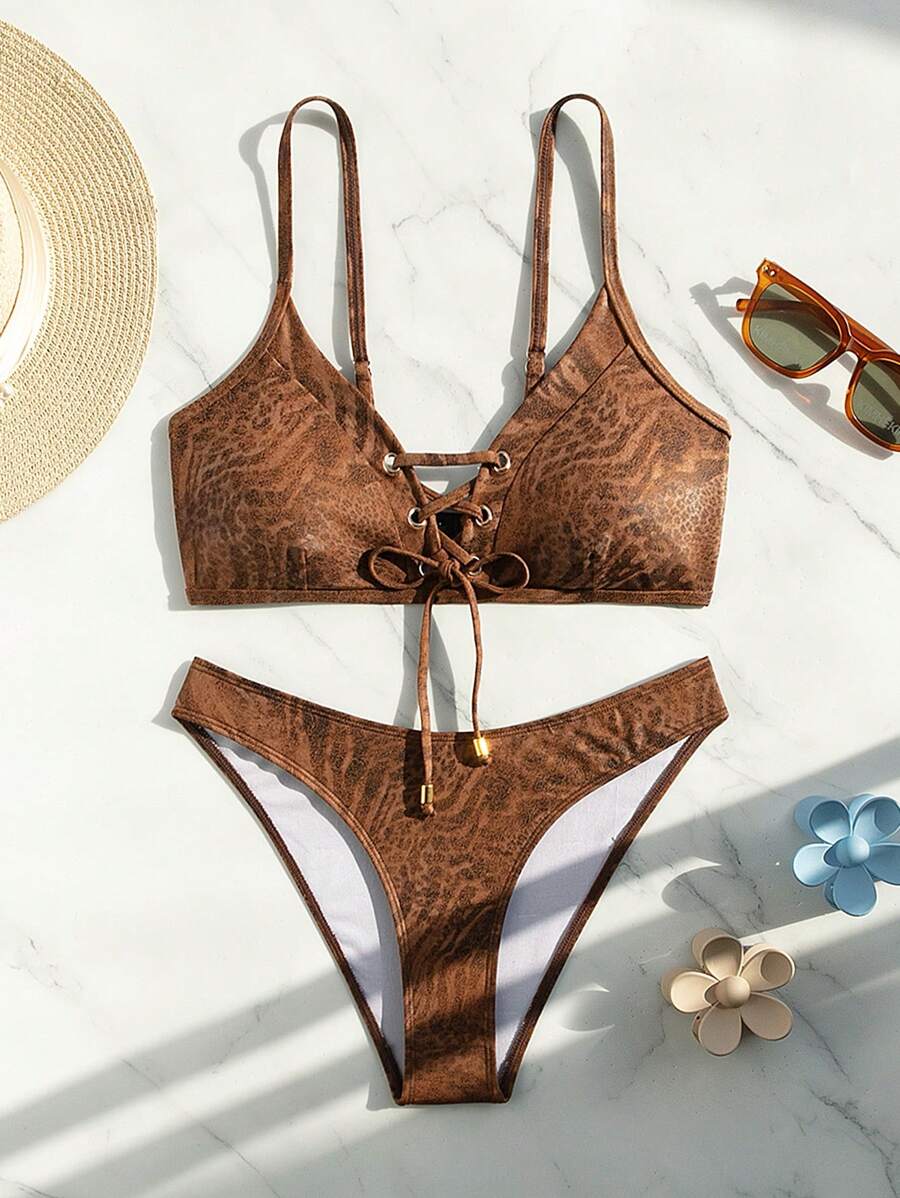 Swim Vcay Ladies Metallic Bikini Set With Lace Up Bra And Bikini Bottom ...