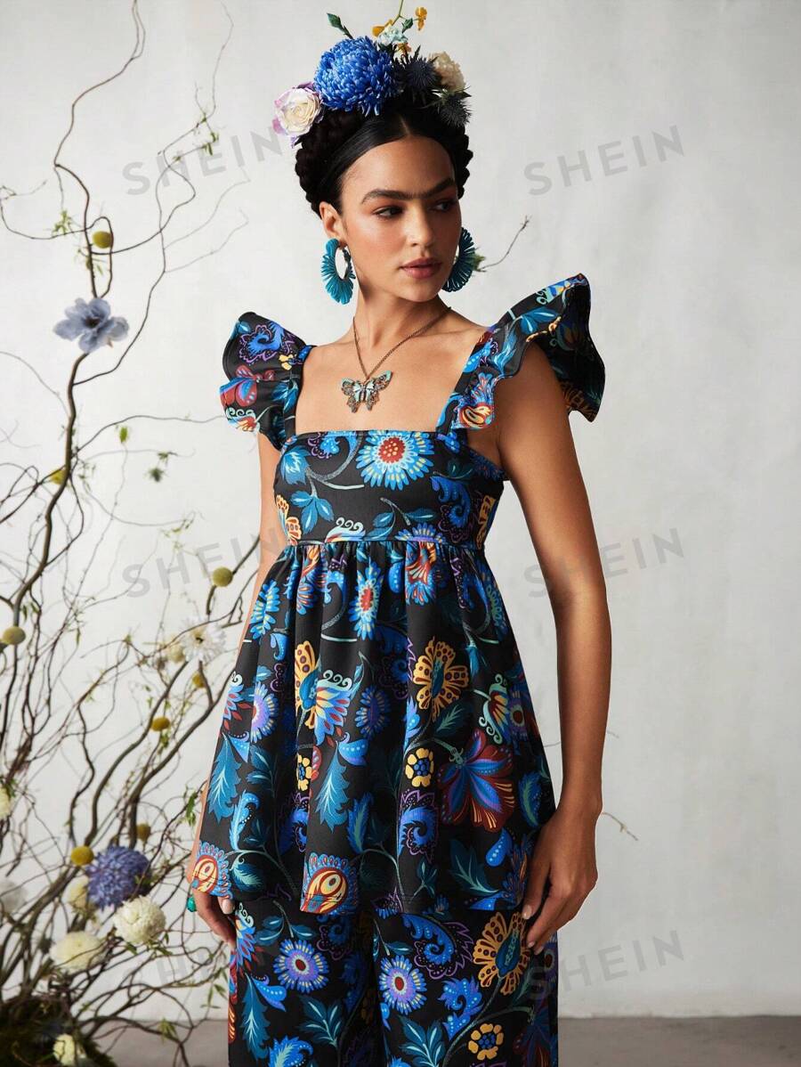 Frida Kahlo X SHEIN X Designer RAUL OROZCO Floral Printed Ruffle ...