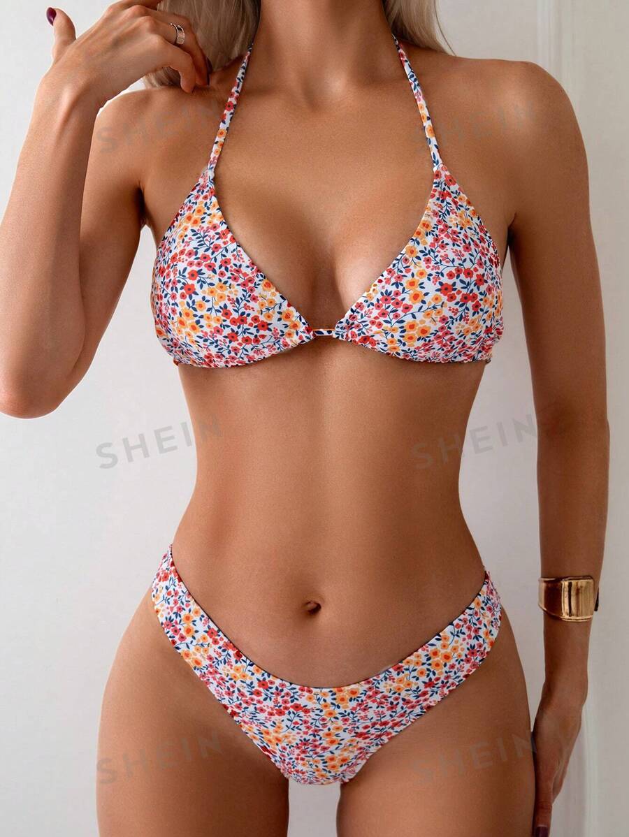 Shein Swim Women Summer Beach Ditsy Floral Printed Halter Neck Vacation