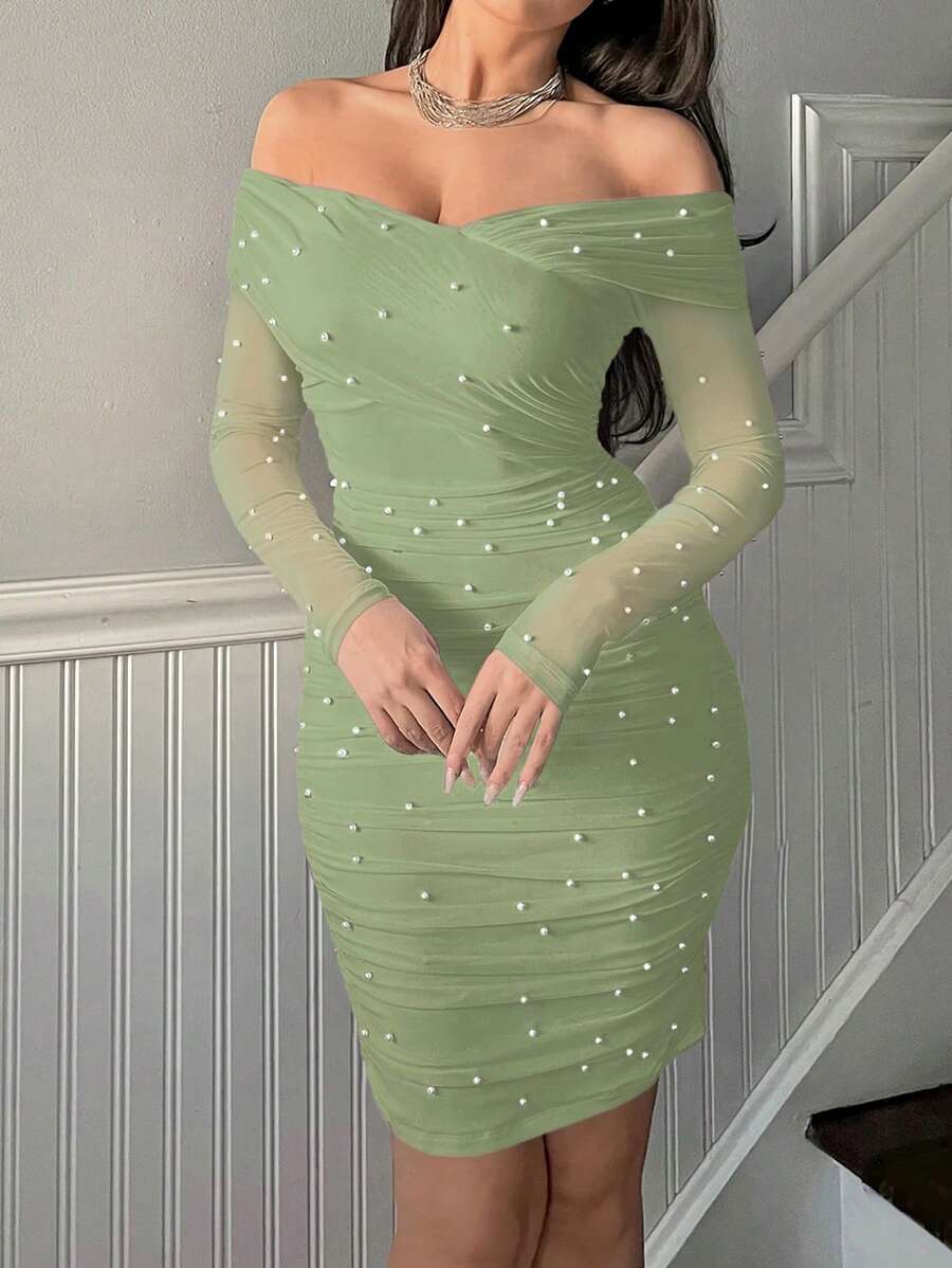 Firerie Open Shoulder Beaded Mesh Bodycon Dress With Ruched Detail For ...