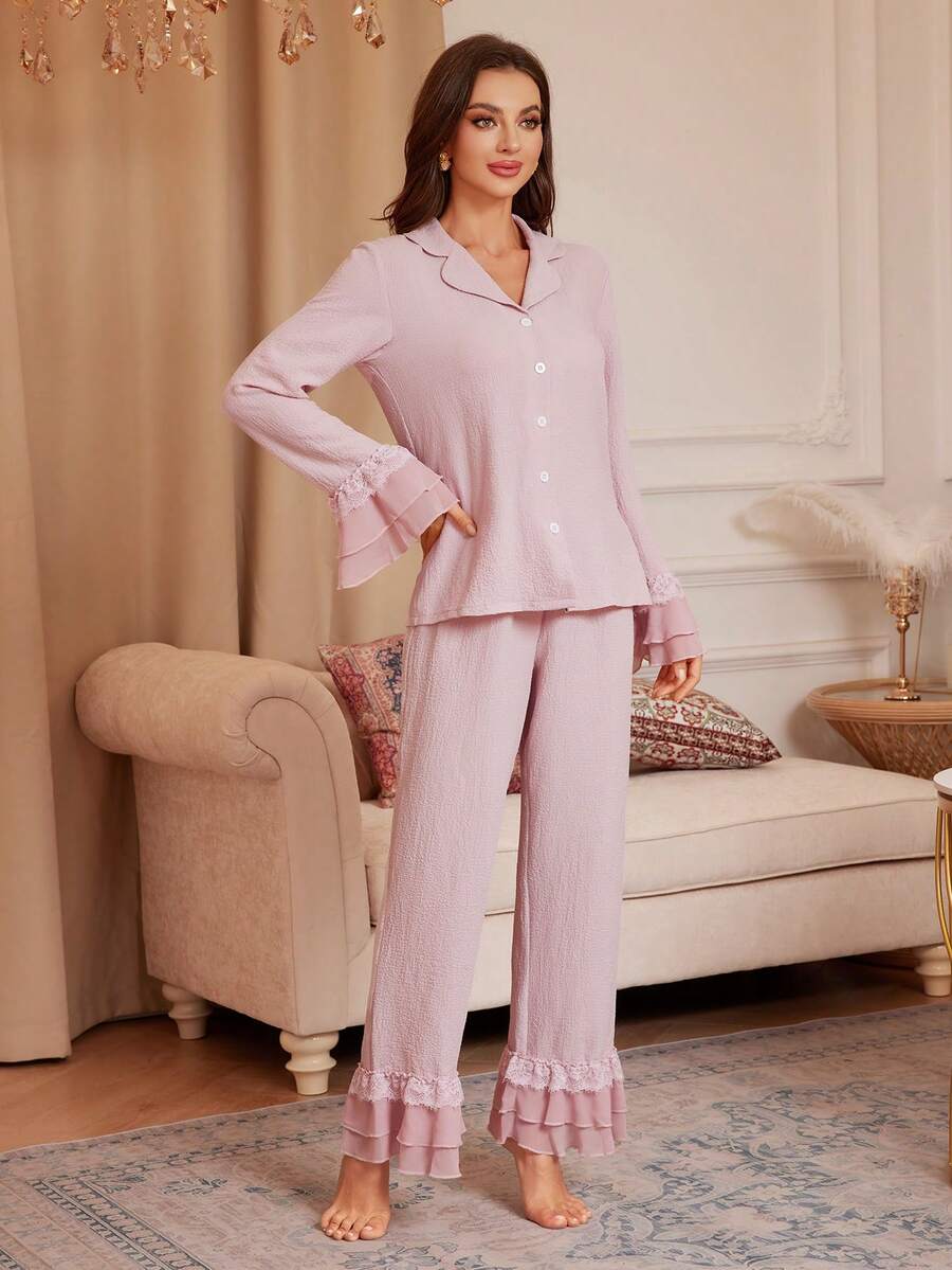 Lace Chiffon Ruffle Trim Decor Top And Pants Women Pajama Set With ...
