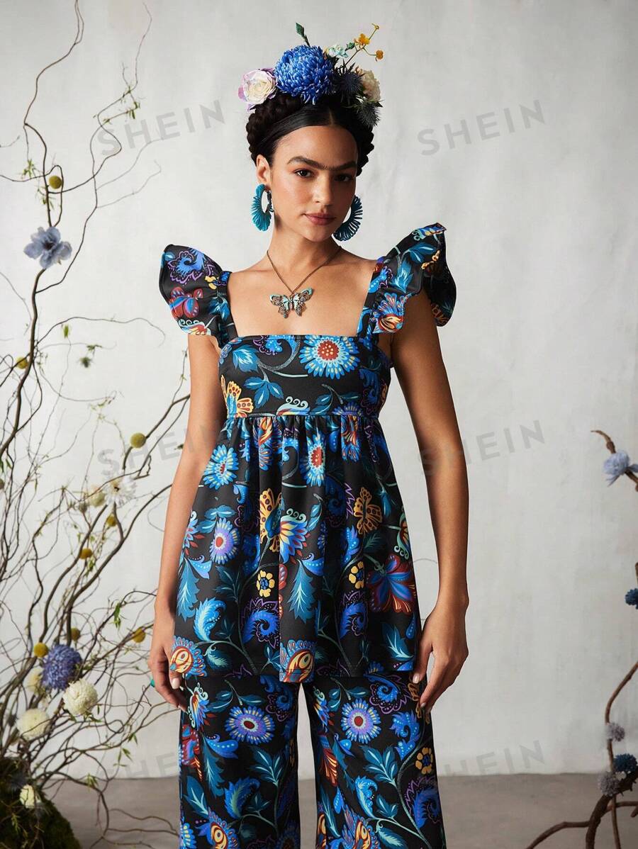 Frida Kahlo X SHEIN X Designer RAUL OROZCO Floral Printed Ruffle ...