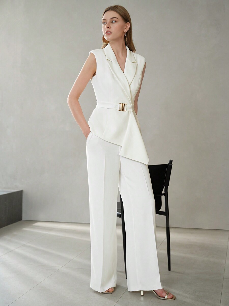 MOTF PREMIUM SOLID PEAK COLLAR ASYMMETRICAL HEM BELTED BLAZER | SHEIN USA