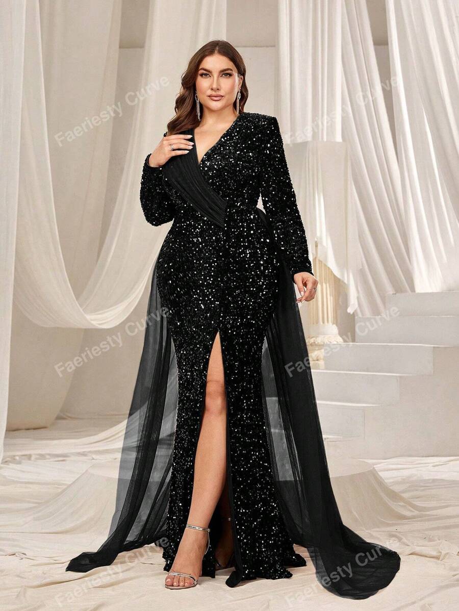 Faeriesty Plus Mesh Contrast Sequin Mermaid Hem Formal Dress Black Elegant Long Sleeve Evening ...