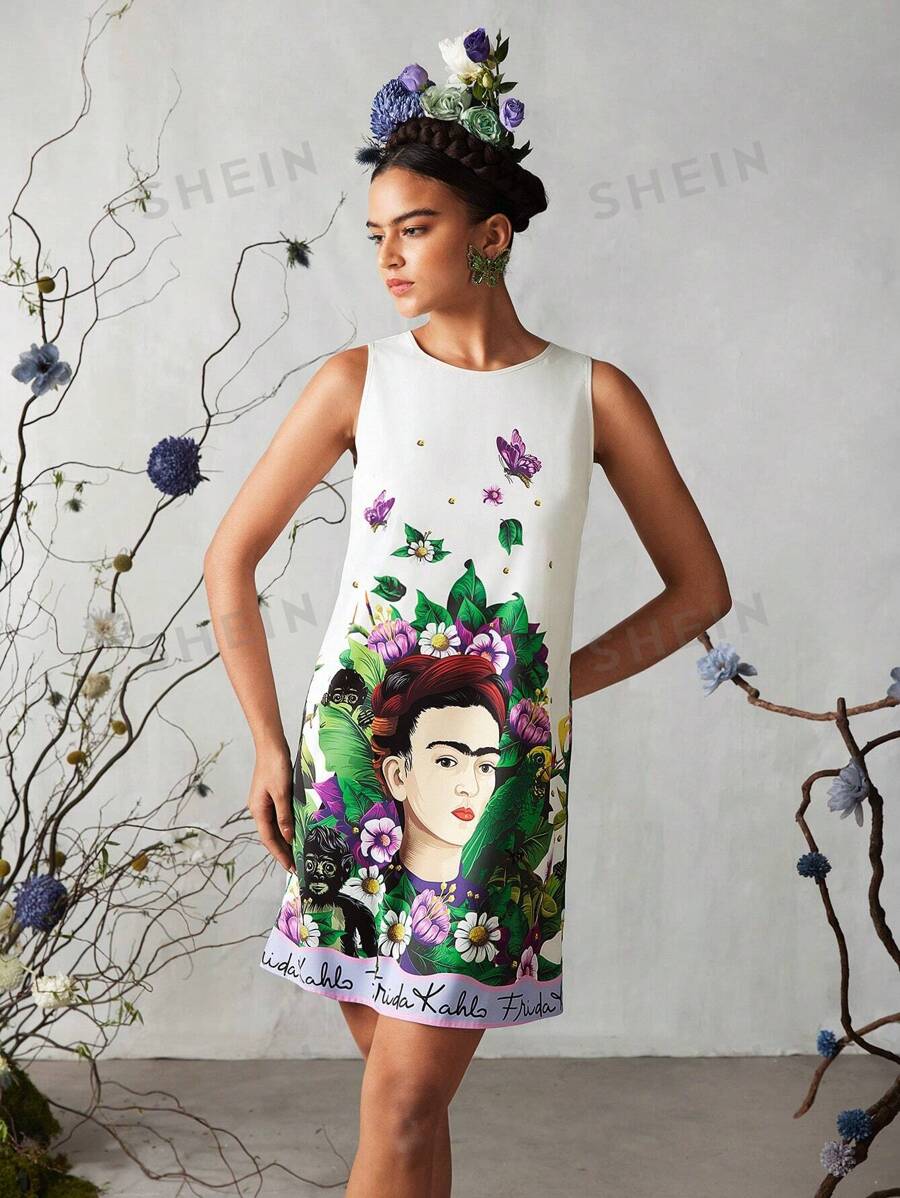Frida Kahlo X SHEIN Vacation Casual Summer White Dress With Plants And ...