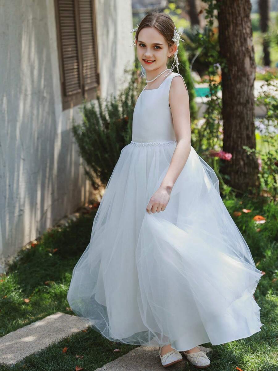 Wedding Memo Tween Girl Sleeveless Tulle Dress With Elegant Pearl And ...