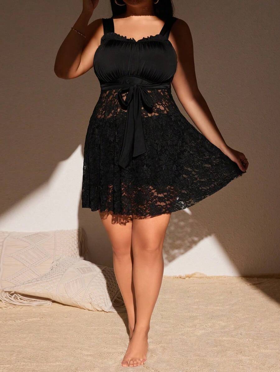 Shein Swim Curve Summer Beach Plus Size Lace Panel Belted Swimsuit Set