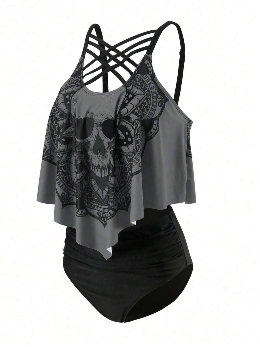 SHEIN Swim Curve Plus Size Summer Beach Skull Print Asymmetrical Hem ...