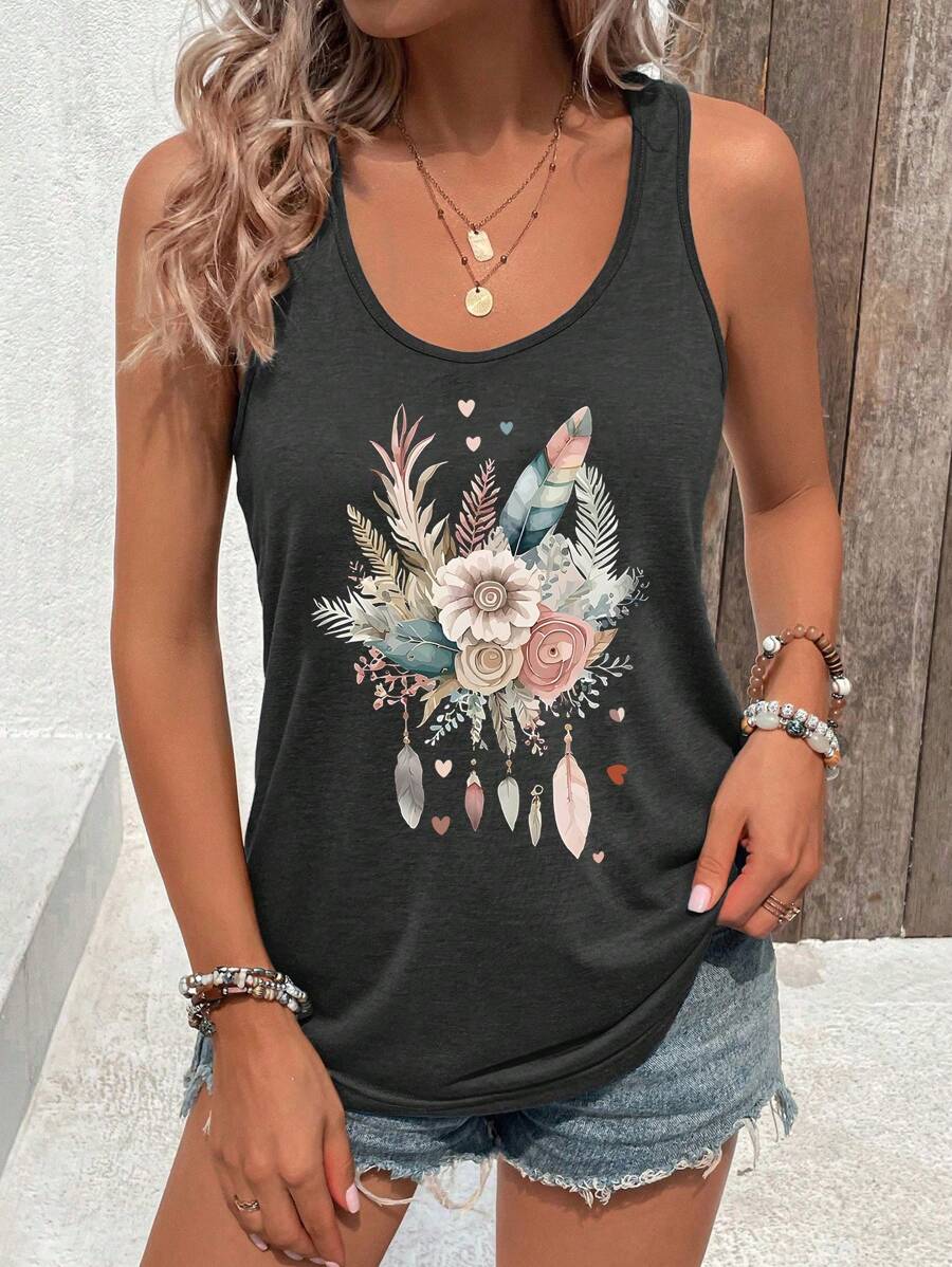 INAWLY Women Summer Floral Printed Round Neck Sleeveless Casual Tank Top Graphic Tees Women Tops ...