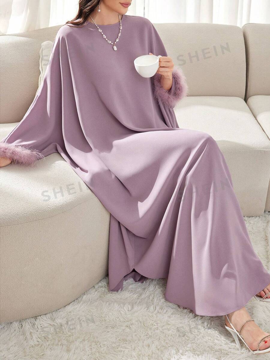 SHEIN Najma Women Elegant Solid Color Furry Cuff Batwing Sleeve Maxi Dress For Spring And Summer ...