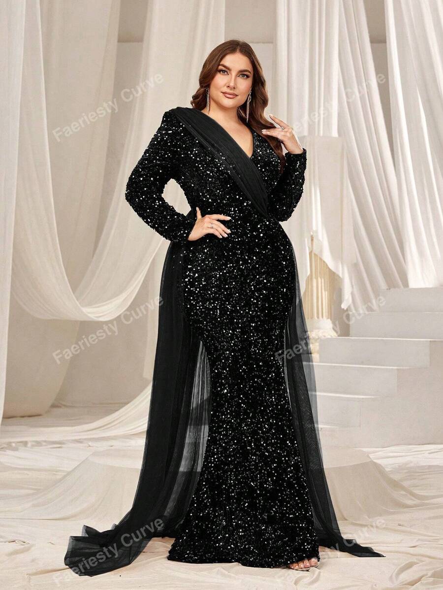 Faeriesty Plus Mesh Contrast Sequin Mermaid Hem Formal Dress Black Elegant Long Sleeve Evening ...