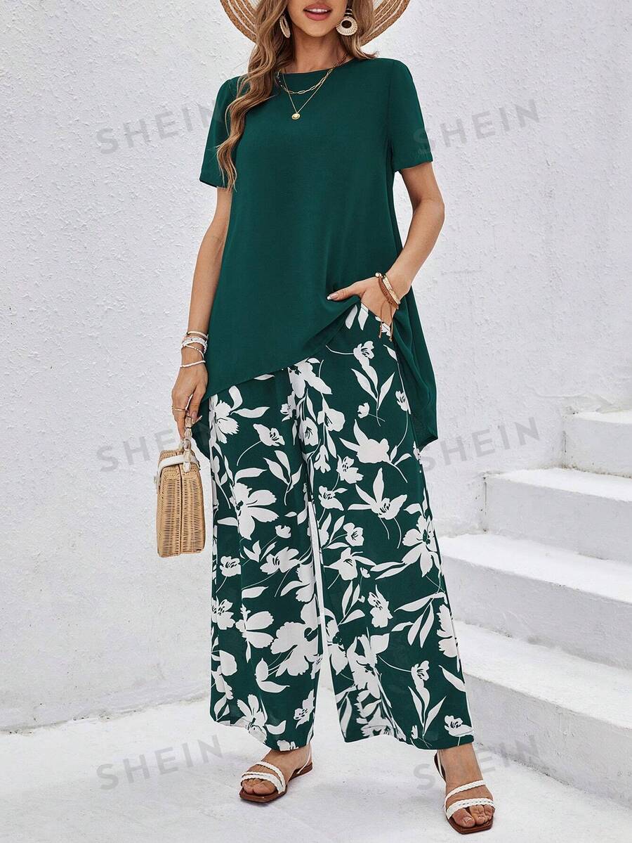 SHEIN VCAY Conjunto de duas peças com camisa de manga curta assimétrica ...