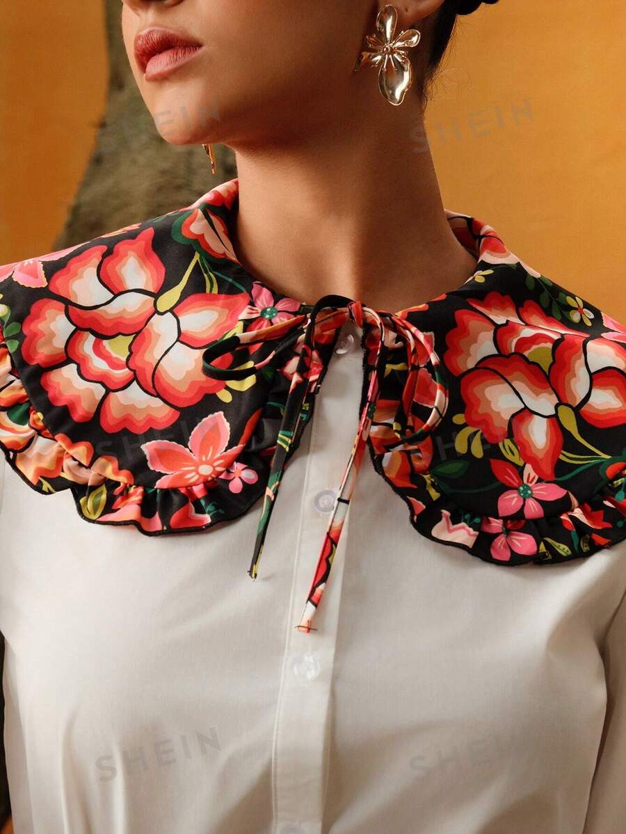 Frida Kahlo X Shein X Designer Raul Orozco Floral Print Lantern Sleeve
