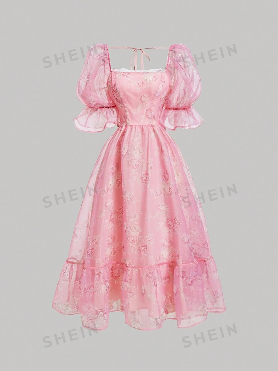 SHEIN MOD Romantic Floral Print Square Neckline Dress With Cinching ...