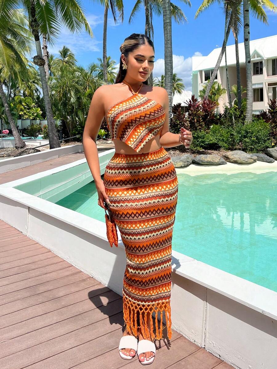 SHEIN SXY Buntes Set aus ärmelloser, gehäkelter Top mit Neckholder und ...