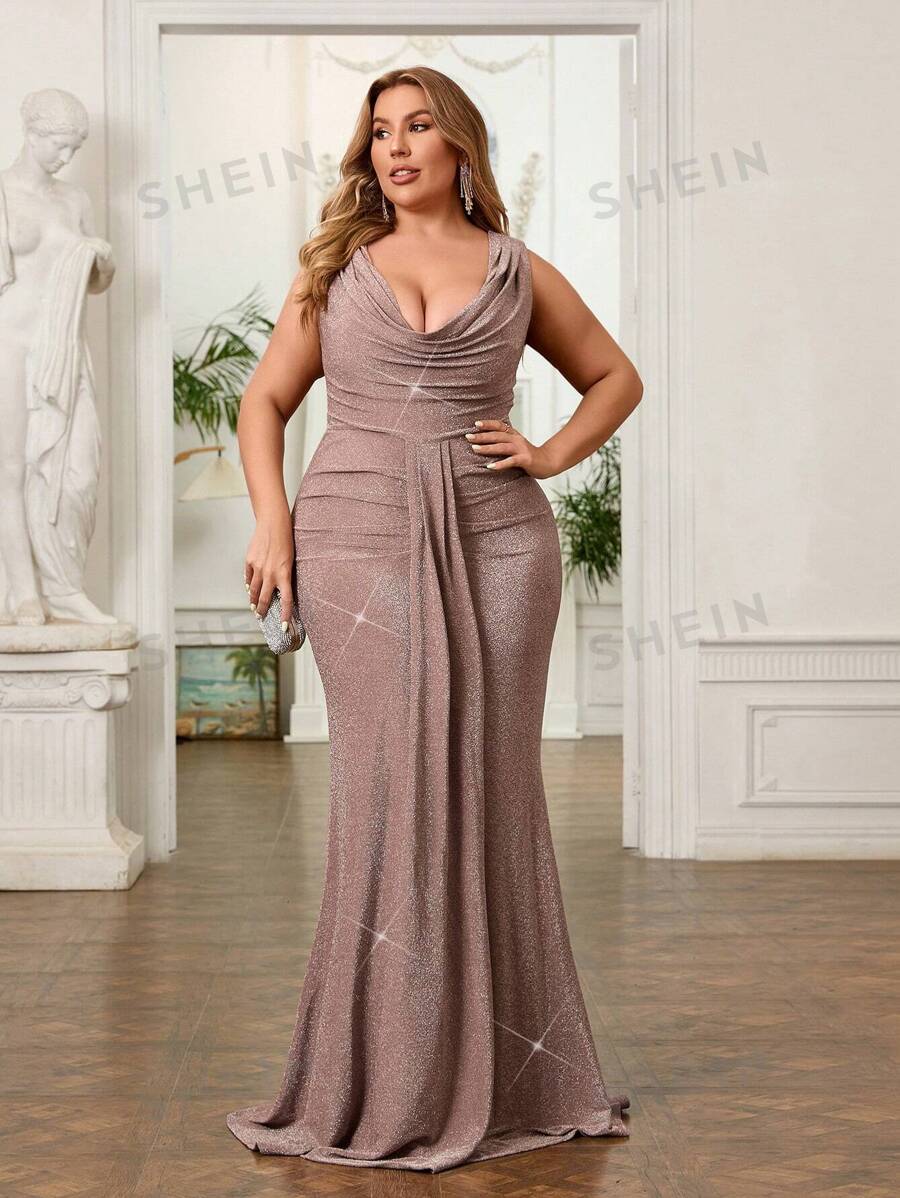 SHEIN Belle Plus Size Champagne Gold Silk Shiny Fabric Draped Neck Elegant Dress For Vacation ...