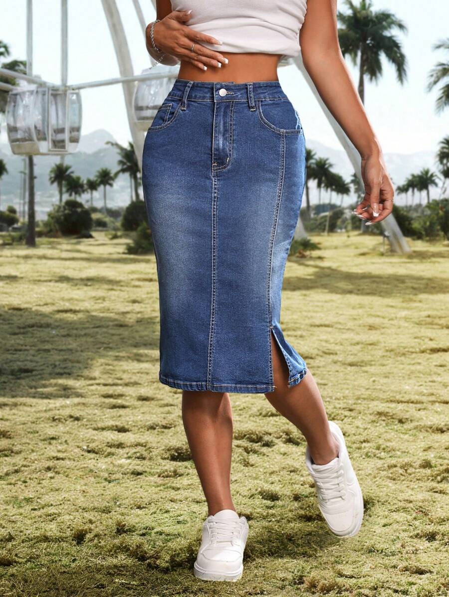 SHEIN EZwear Denim Rok Jeans Rok Dames Casual Slim Fit Denim Potlood ...