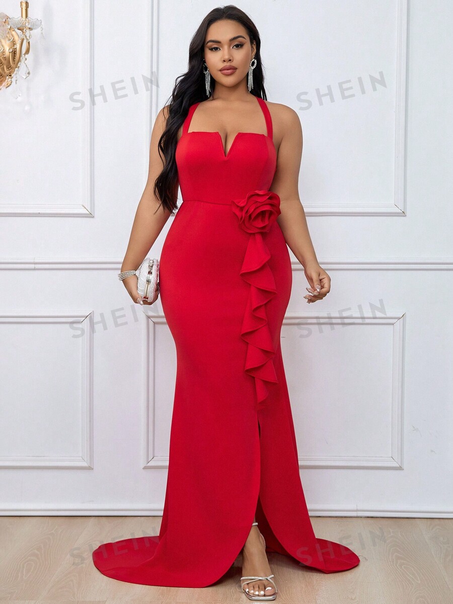 SHEIN Belle Abito da ballo rosso con coda a mano e design di fiori in 3D in taglie grandi, con ...