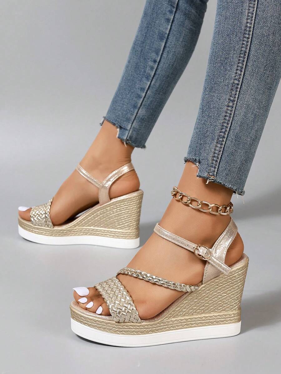 Women Fashionable Gold Braided Strap Wedge Sandals With Ankle Buckle ...