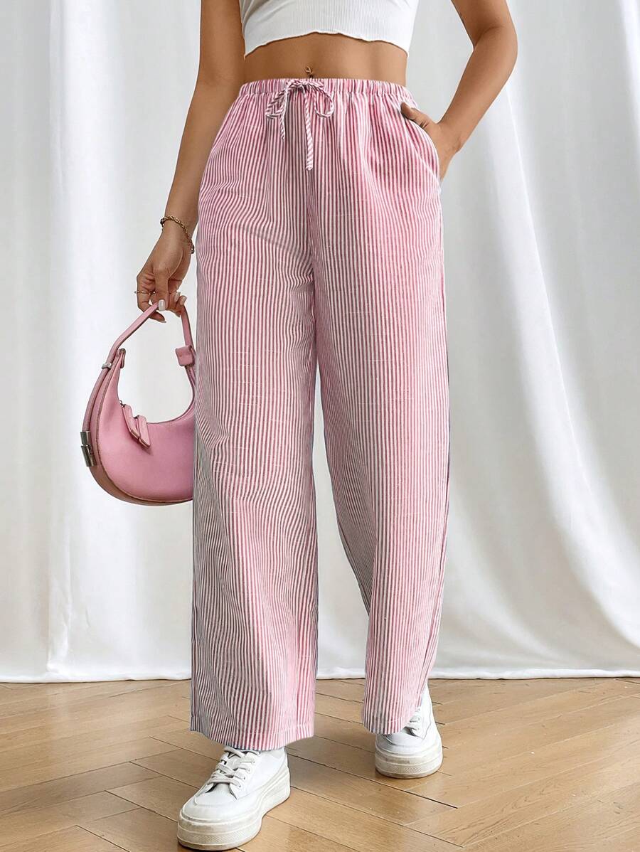 SHEIN PETITE Women Drawstring Striped Printed Casual Daily Match Long ...