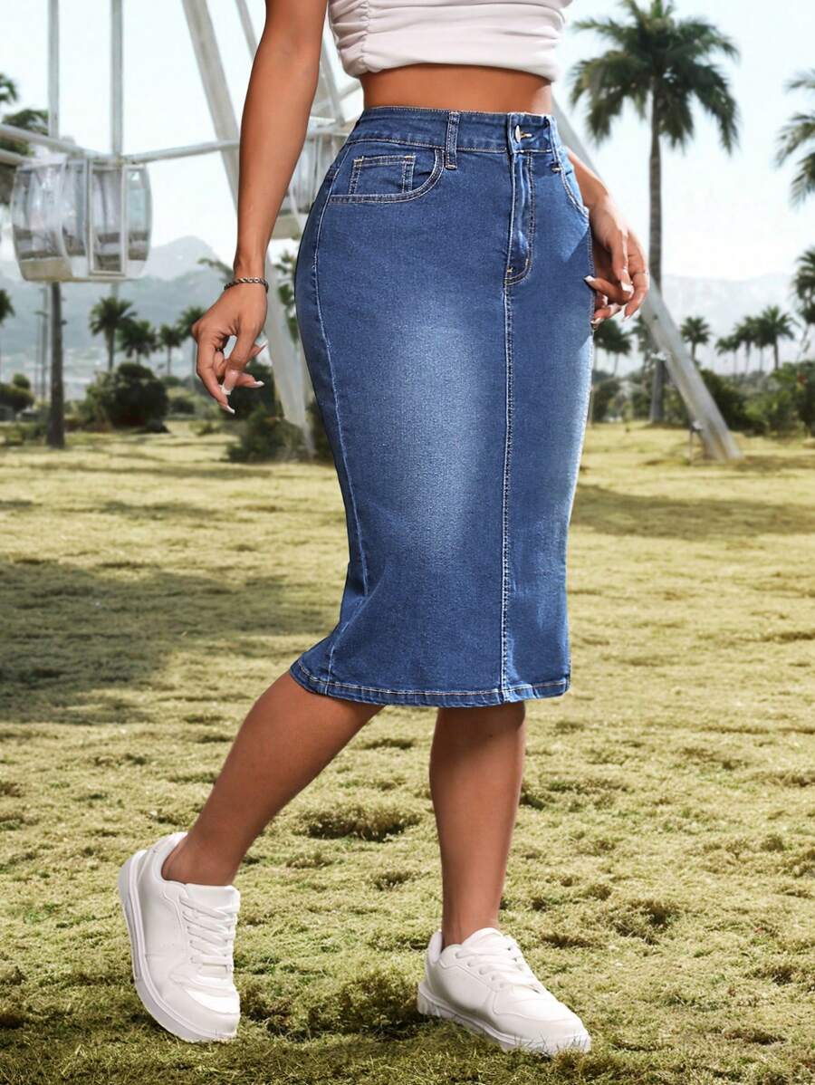 SHEIN EZwear Denim Rok Jeans Rok Dames Casual Slim Fit Denim Potlood ...