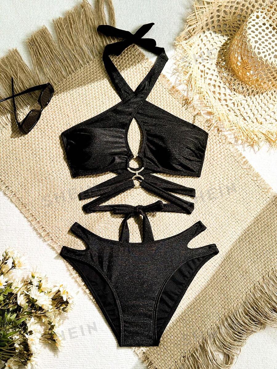 Ladies Solid Color Round Ring Hollow Out Crisscross Halter Bikini